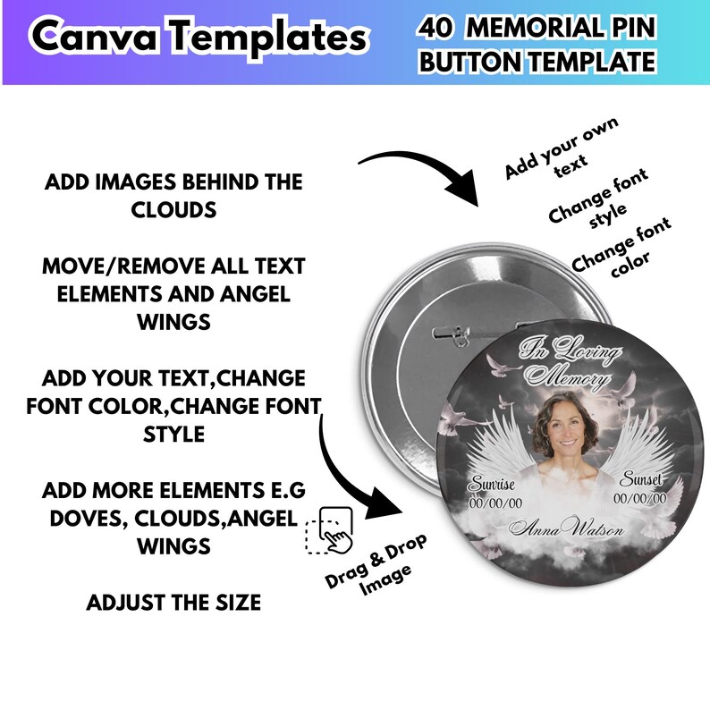 40x in Loving Memory Pin Button Templates,mega Memorial RIP Photo Badge ...