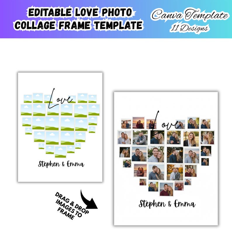 11 Love Photo Collage Canva Editable Template, Heart Picture Collage ...