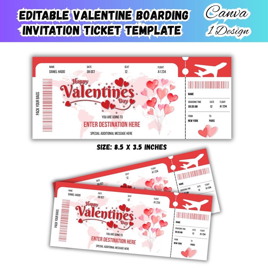 Customized Valentine Boarding Pass Template,canva Editable Boarding ...