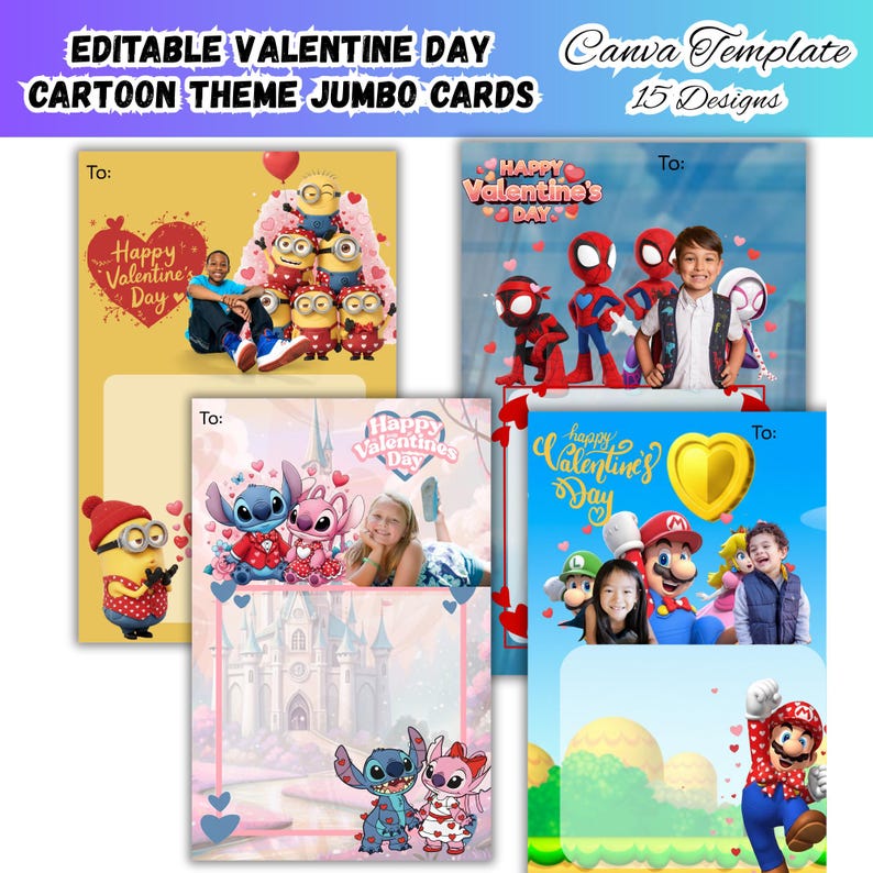 15 Jumbo Valentine Card Template Bundle,cartoon Themed Jumbo Pack Vday ...