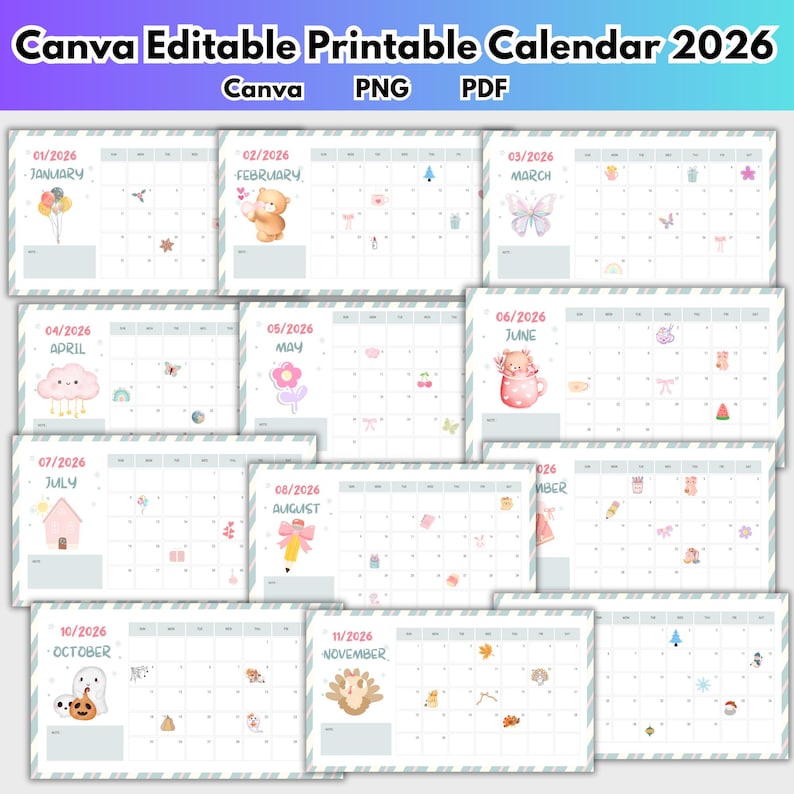 Editable Monthly Calendar 2026 Cute Printable 12 Months Planner ...