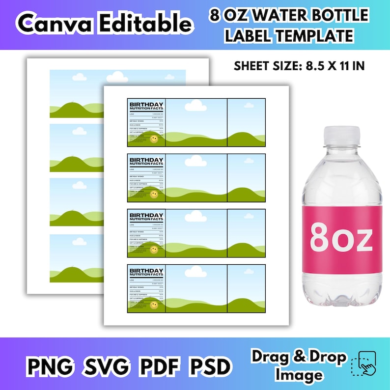 8 Oz Water Bottle Label Template DIY Label Template Canva Editable ...