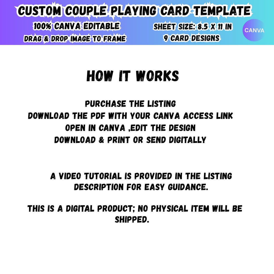 Custom Couple Photo Card Template,canva Editable Playing Card Photo Car ...