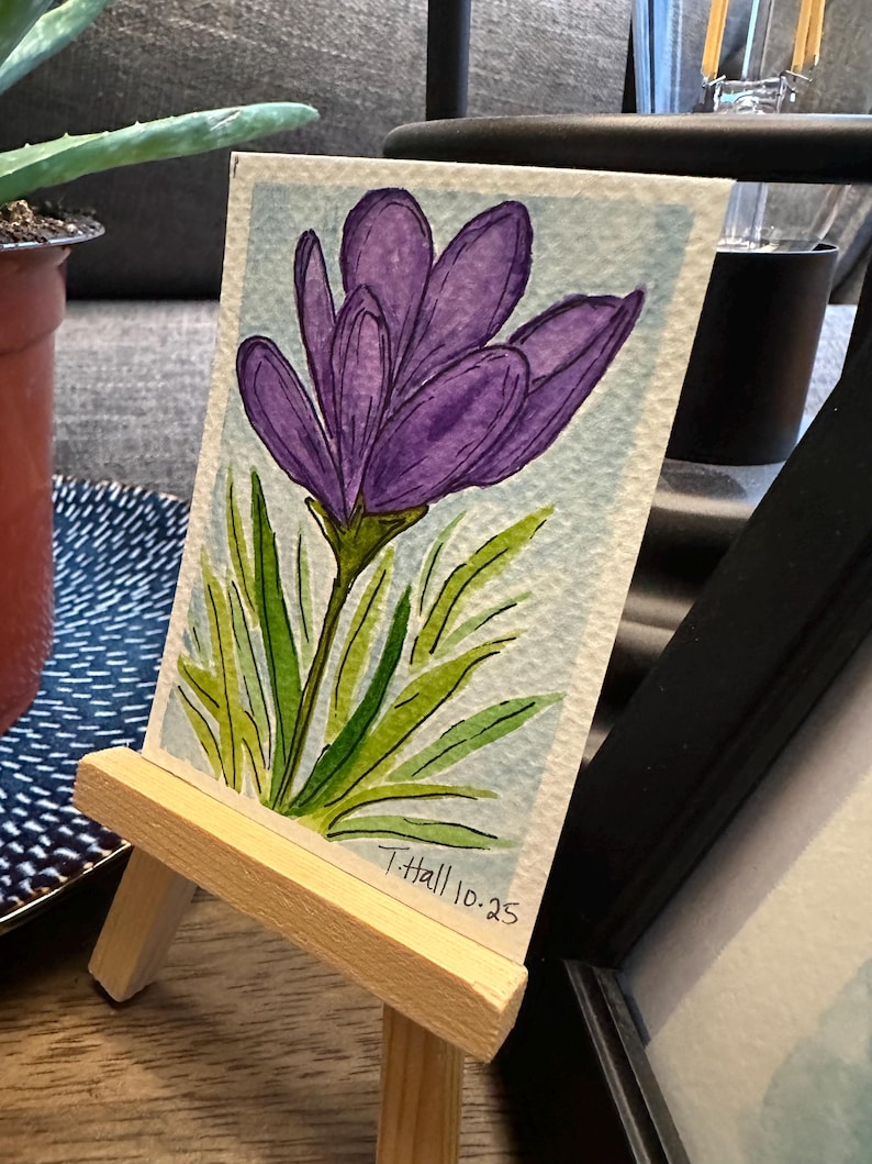 Hand-painted Purple Crocus - Floral Watercolor Aceo-original Mini ...