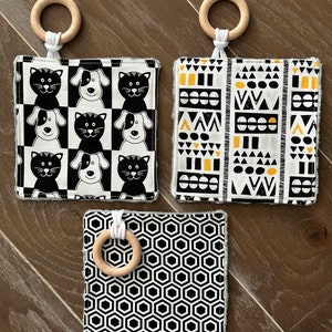 High Contrast Baby Crinkle Toy, Wood Ring Teether, Modern Crinkle Paci ...