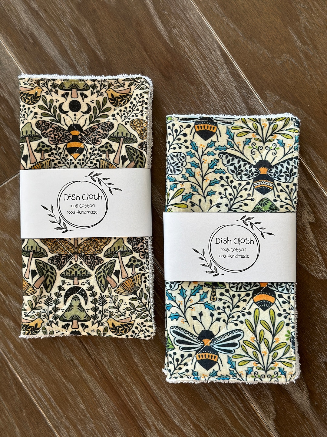 Mushroom Honey Bee Fabric Dishcloth: 2-ply Quilted Cotton, Botanical ...