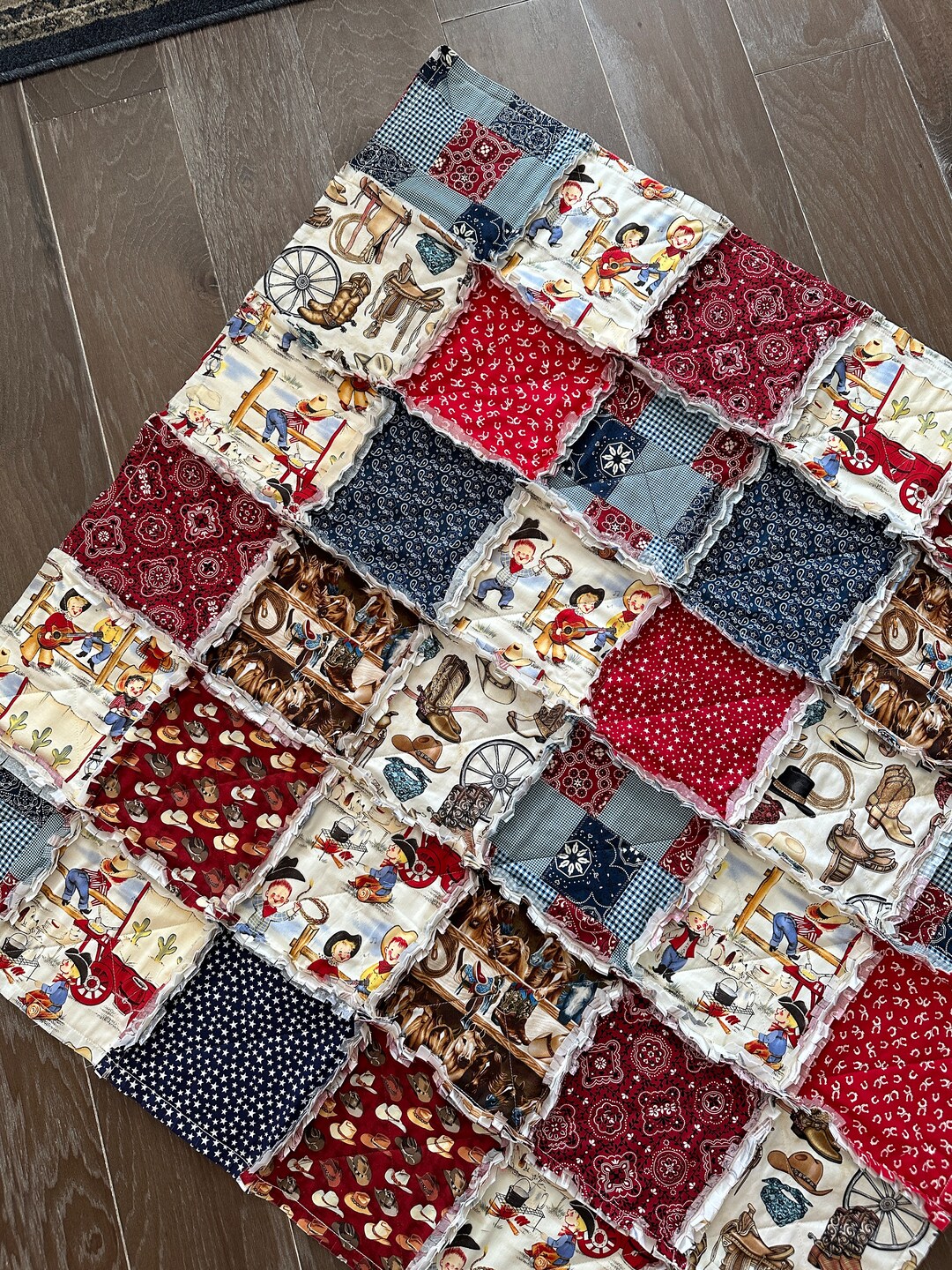 Western Baby Quilt, Cowboy Cowgirl, Rag Fringe Blanket, Handmade ...
