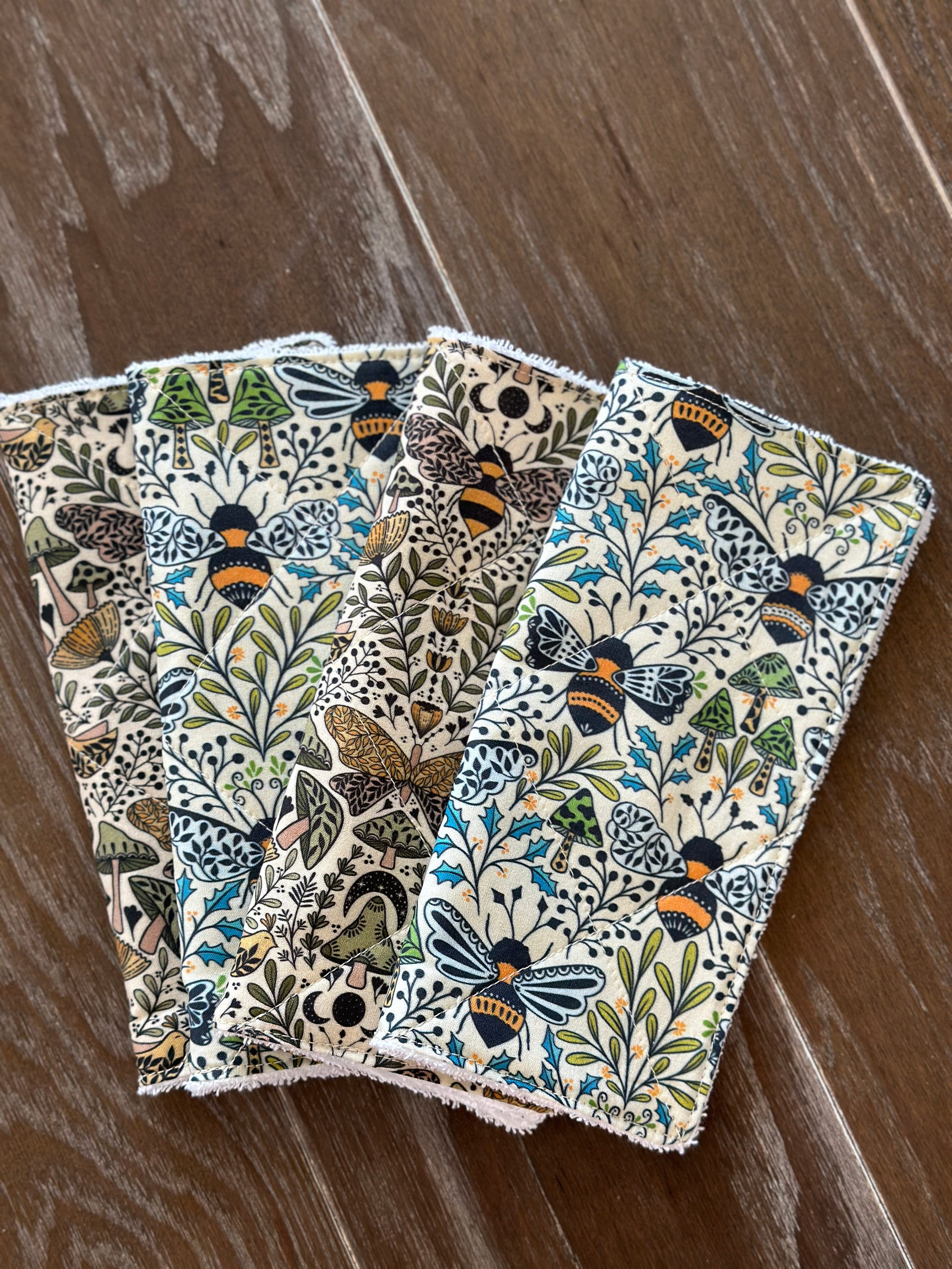 Mushroom Honey Bee Fabric Dishcloth: 2-ply Quilted Cotton, Botanical ...