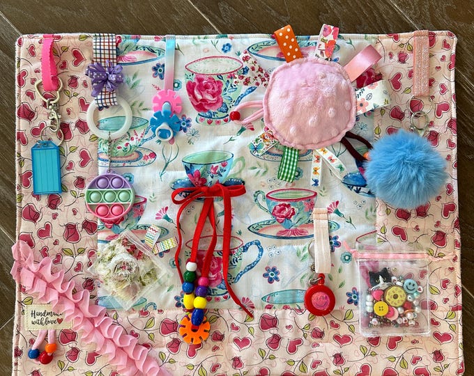Teacup Fidget Mat, Adult Busy Mat, Pink Hearts Floral Fidget, Dementia ...