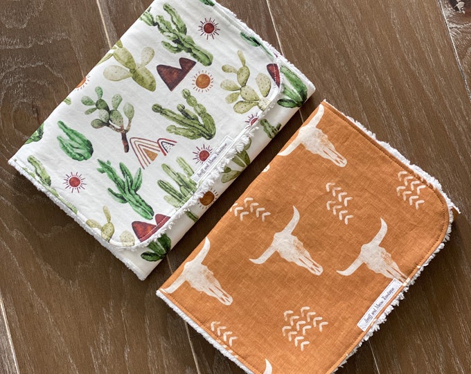 Longhorn Steer Burp Cloth Set, Cactus Mountain Sun, Baby Shower Gift ...