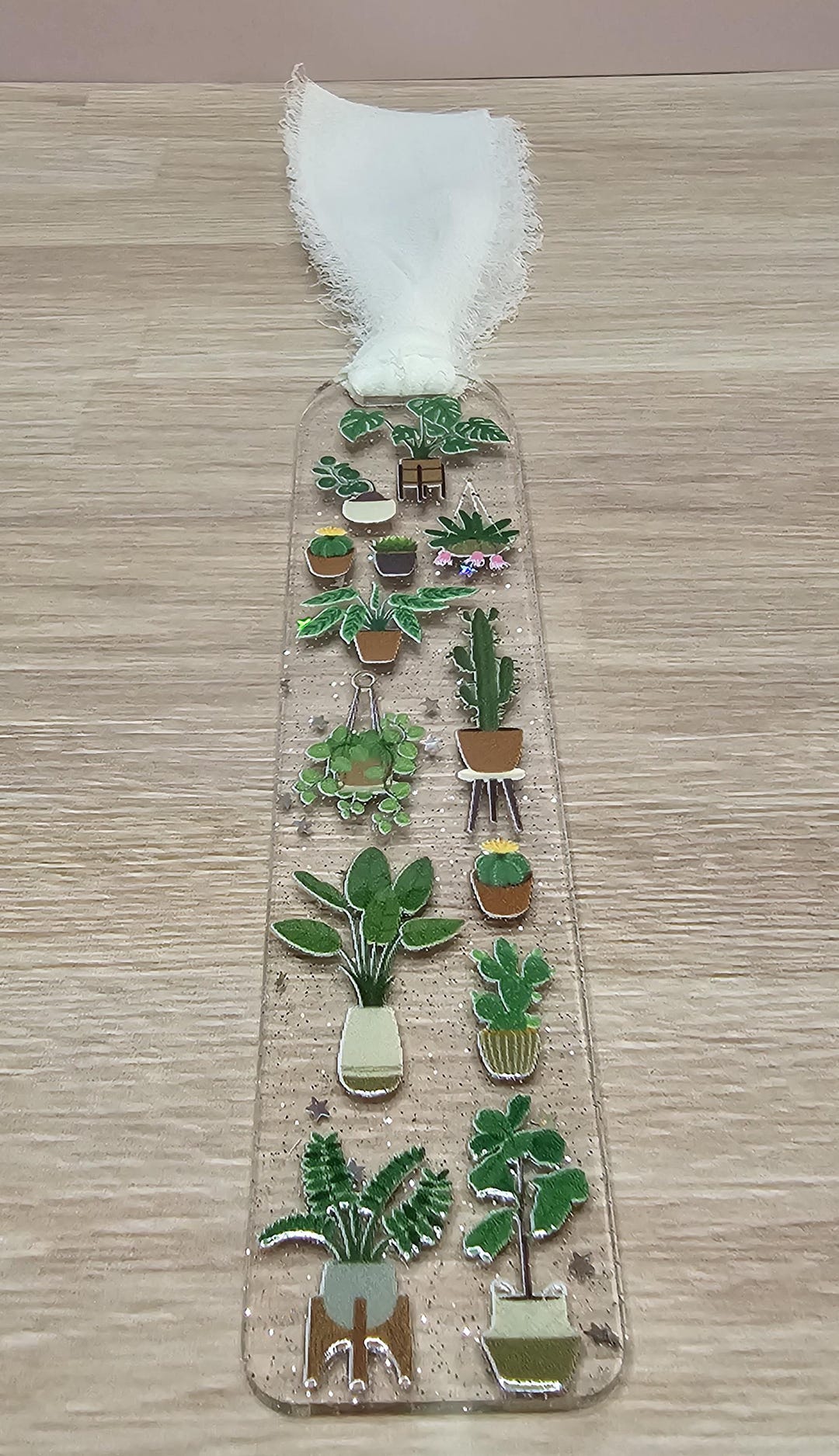 Silver Glitter Acrylic Bookmark - Houseplants - Cream Chiffon Ribbon - Etsy