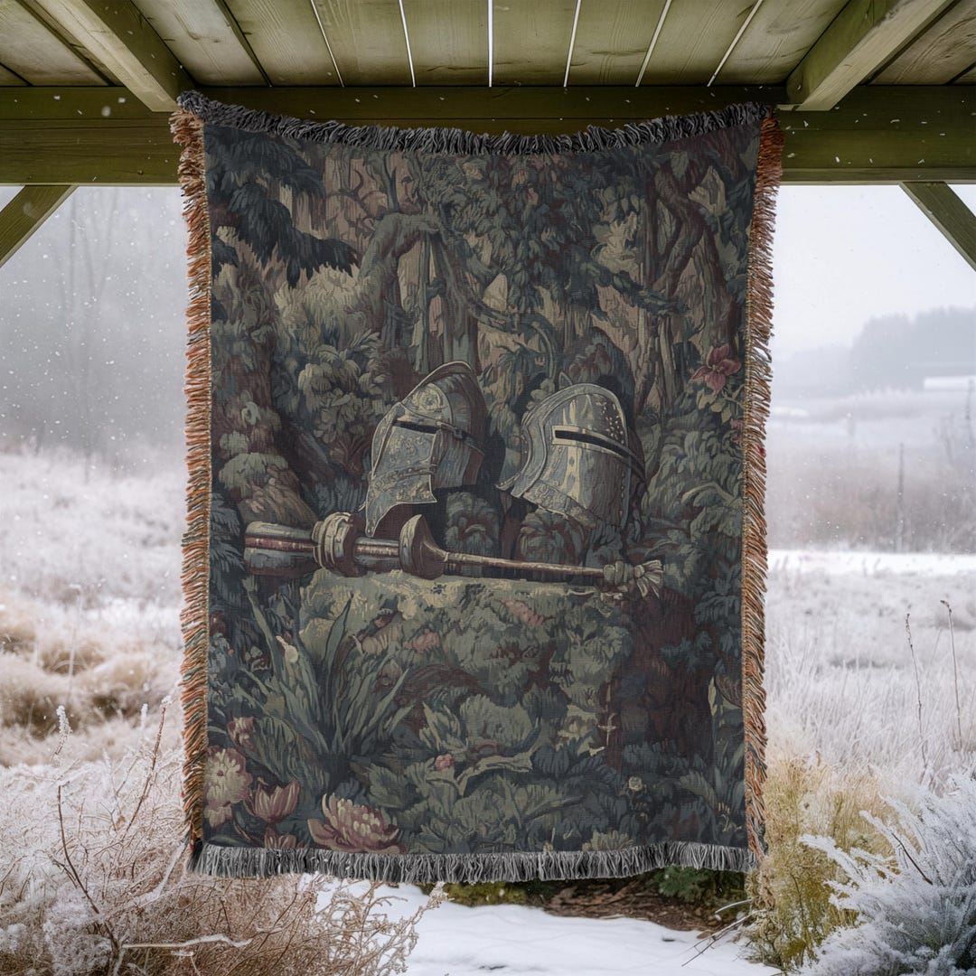 Vintage Fallen Knights Helmet Floral Tapestry Woven Blanket | Jacquard ...