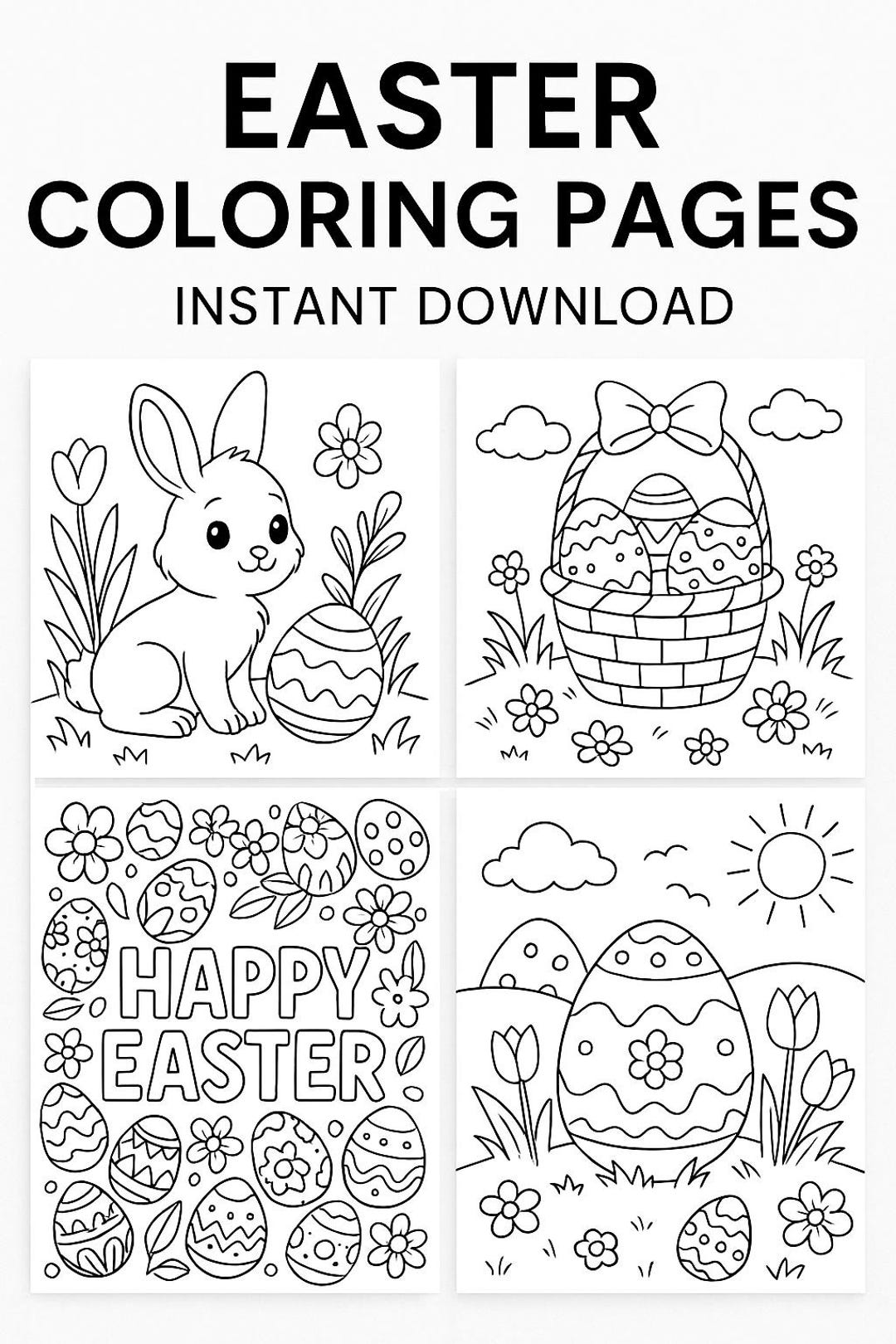 Easter Coloring Pages for Kids | Bunny & Egg Hunt Designs (digital ...