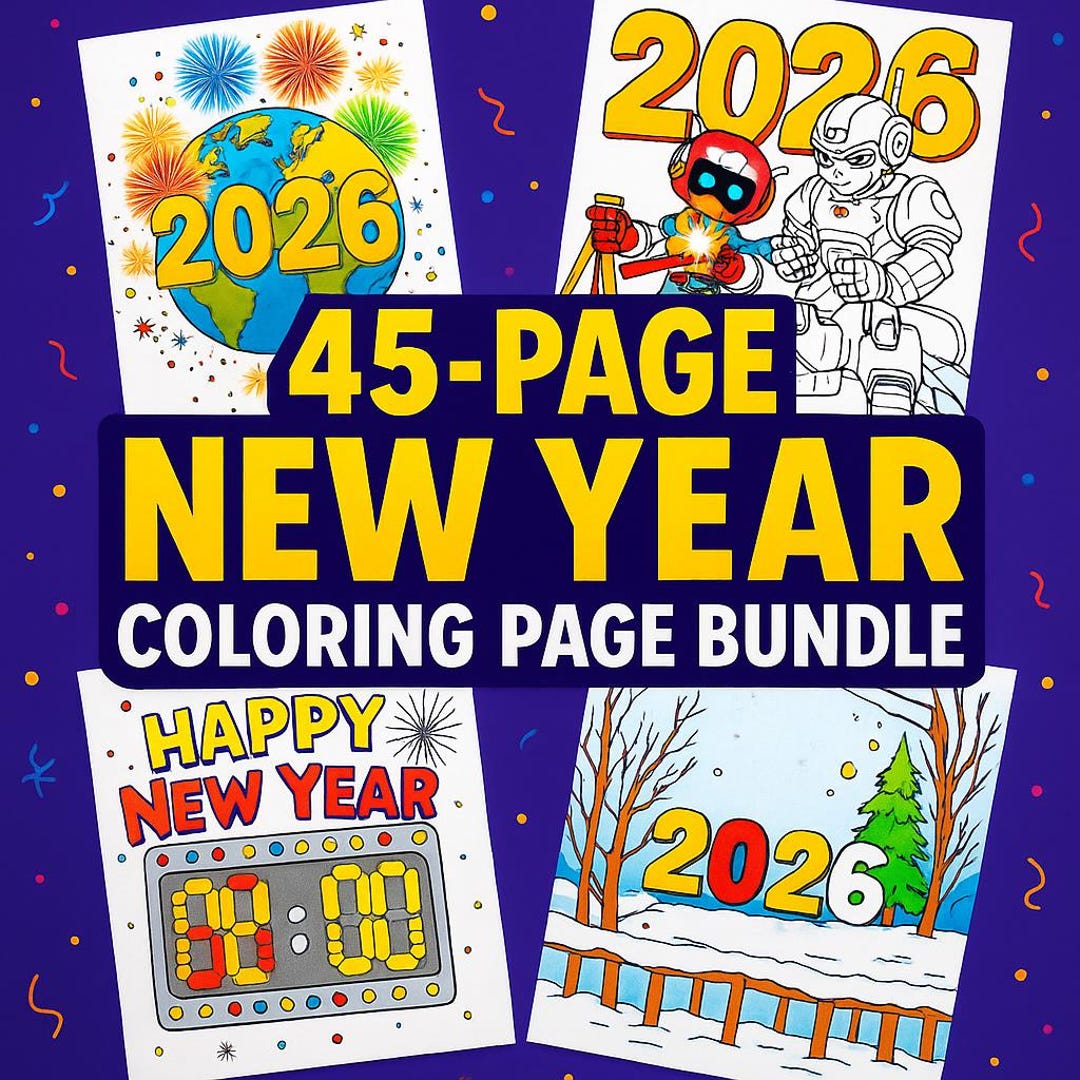 New Year's 2026 Coloring Pages – Kids Activity Pack (45 Printable ...