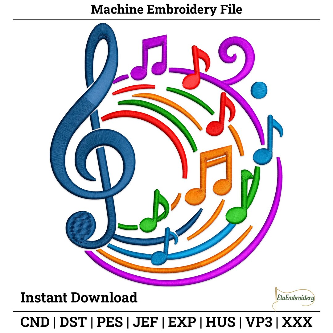 Colorful Music Note Embroidery Design – Rainbow Treble Clef Stitch ...