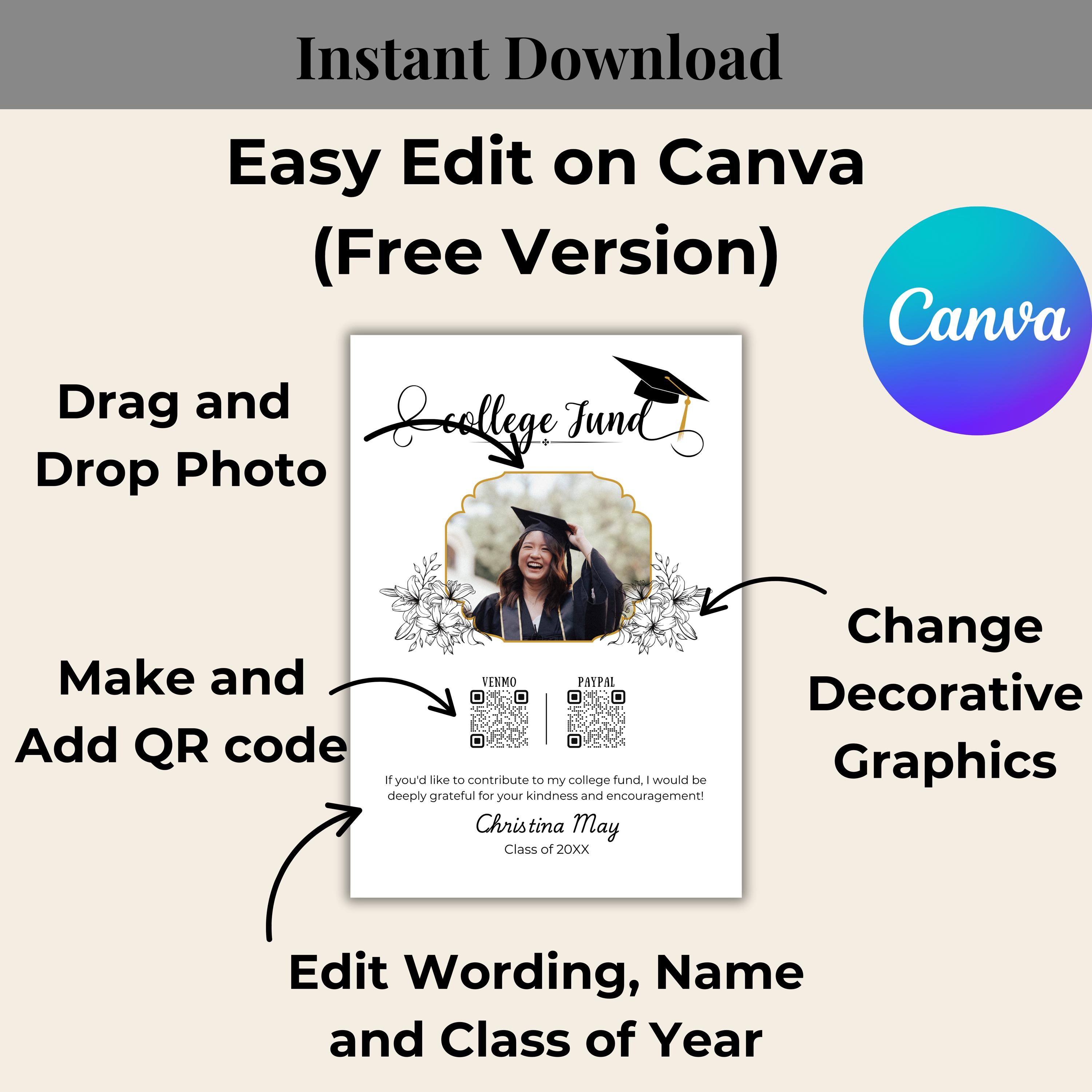 EDITABLE College Fund QR Code Sign Template With Photo– High School ...