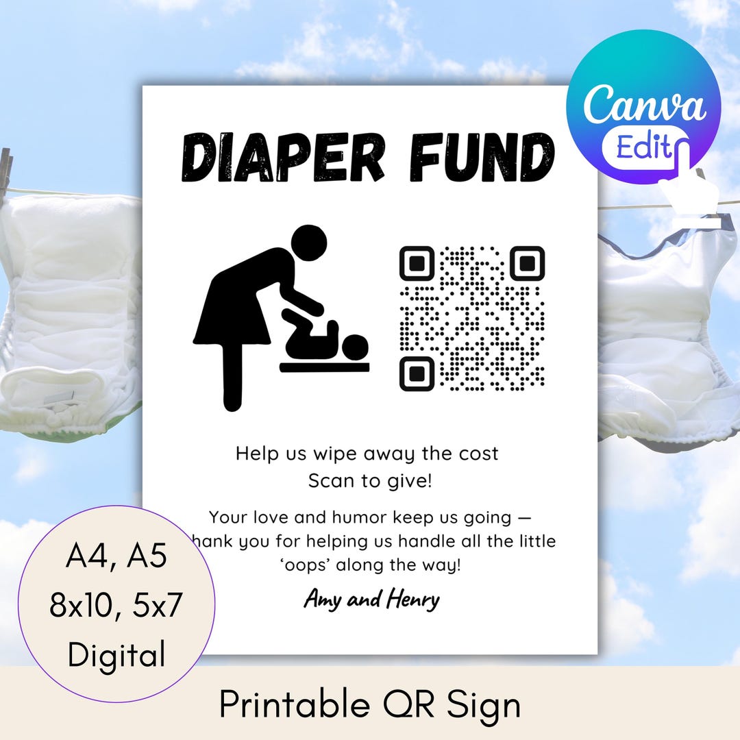 Funny Baby Shower Diaper Fund QR Code Sign: Editable Canva Template ...