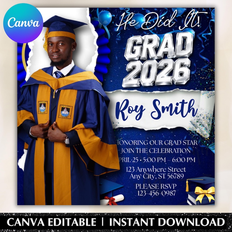 Graduation Flyer 2026 Blue Graduation Invitation Canva Template High ...