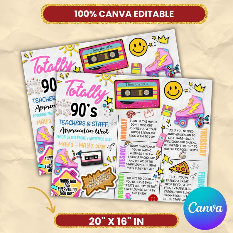 80s 90s Theme Teacher Appreciation Week Itinerary, Retro Throwback Old ...