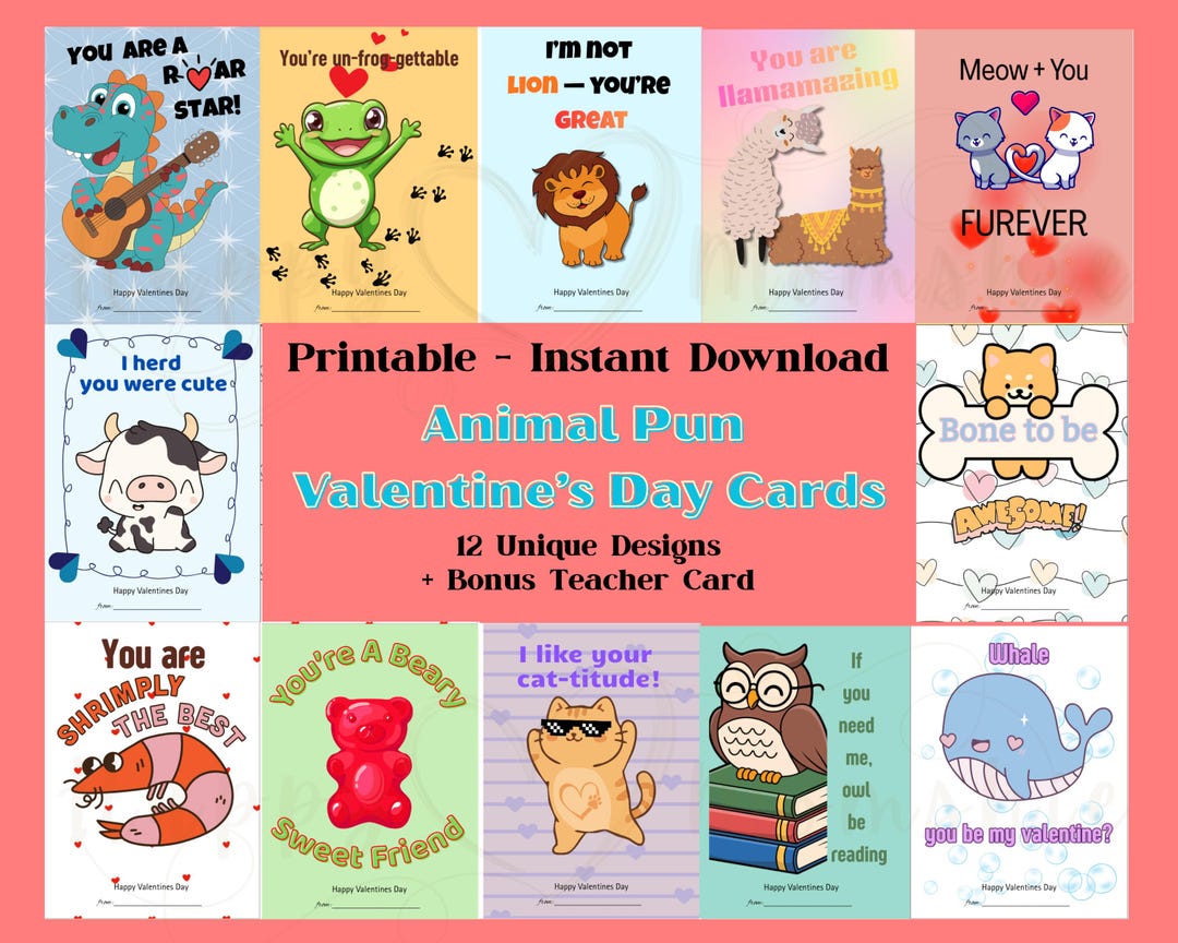 Printable Kids Pun Valentine Cards -animal Themed for Classroom With ...