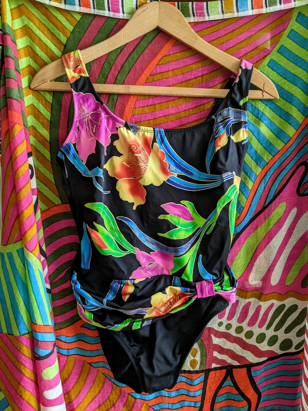 80s Neon Tropical Swimsuit • Floral Pink Green Blue Black Gold Metallic ...