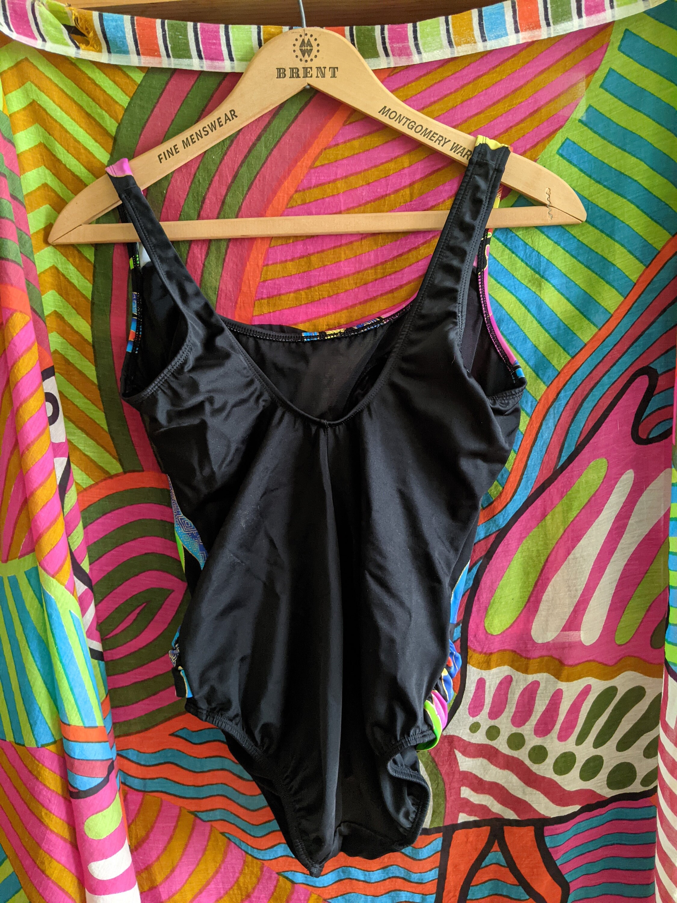 80s Neon Tropical Swimsuit • Floral Pink Green Blue Black Gold Metallic ...