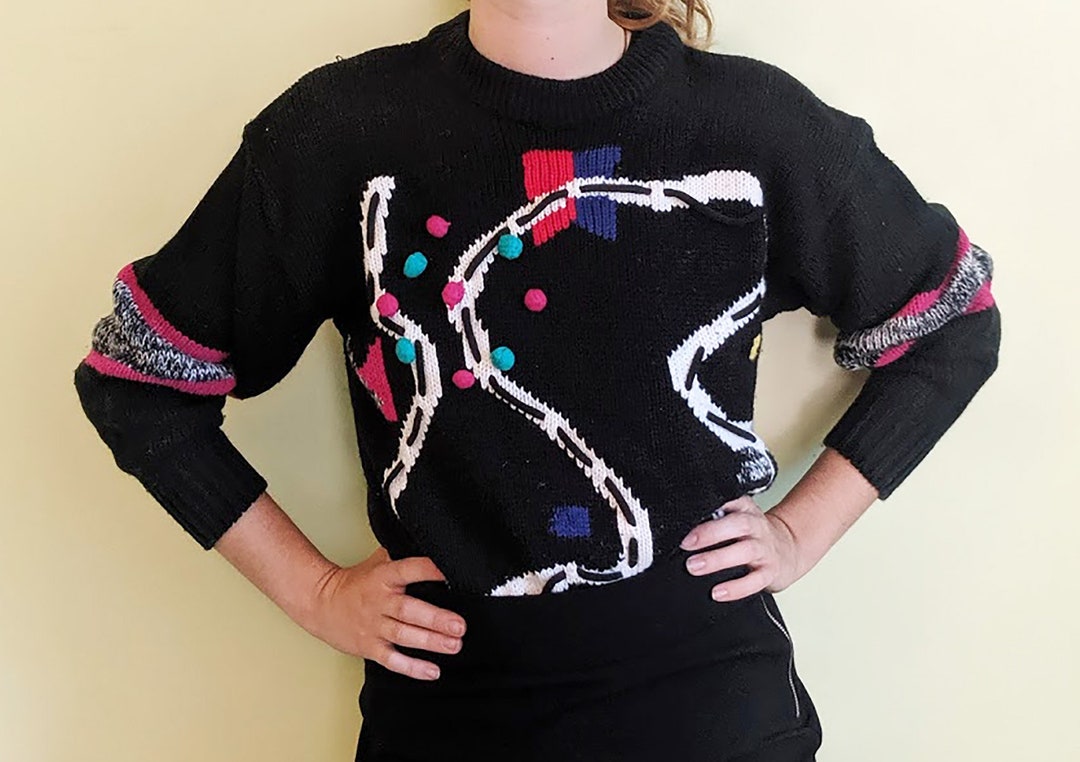80s Funky Black Abstract Op Art Sweater • Hot Pink Teal 3D Pom Poms ...