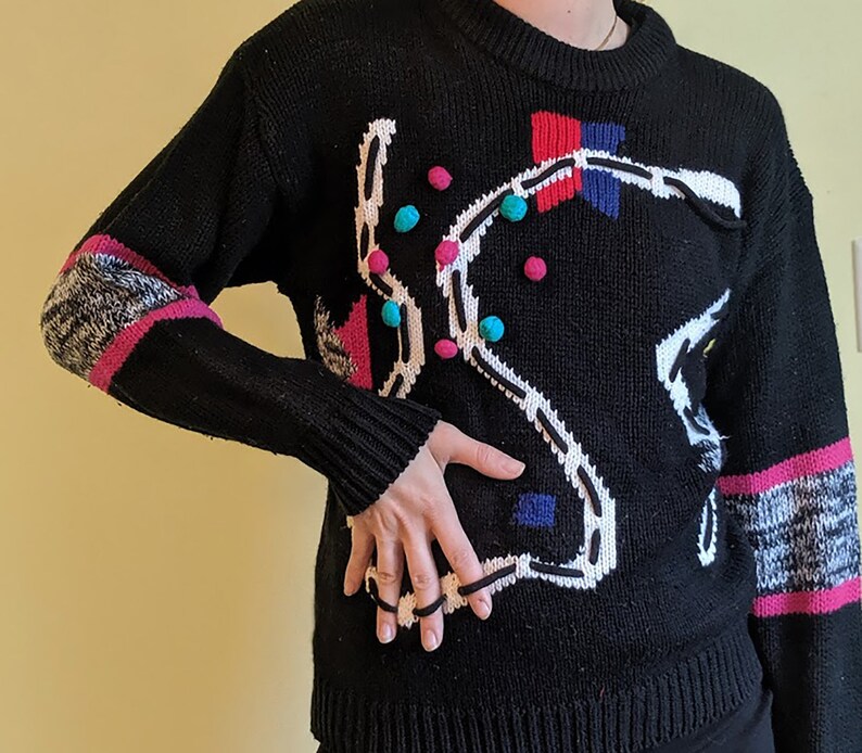 80s Funky Black Abstract Op Art Sweater • Hot Pink Teal 3D Pom Poms ...