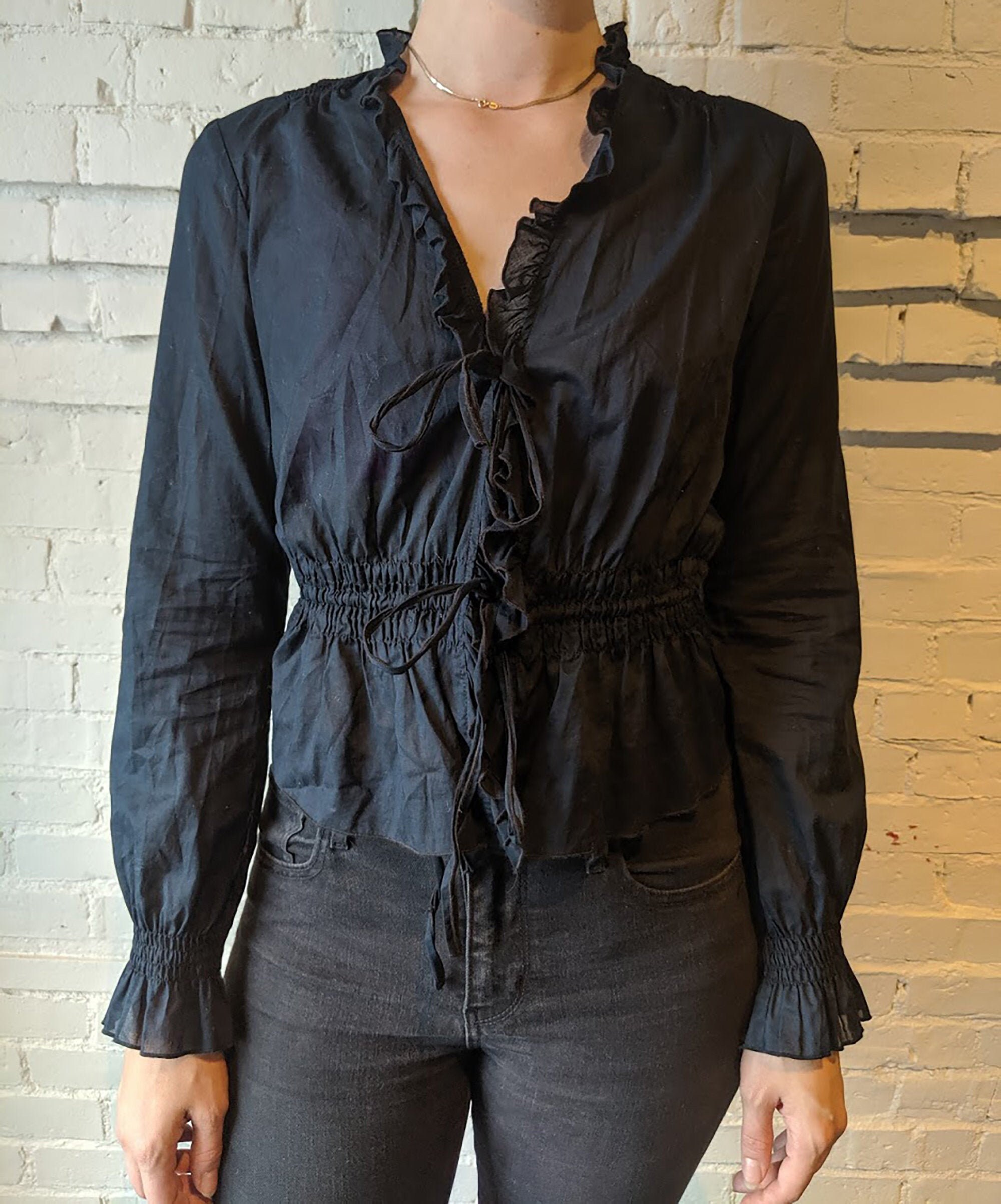 90s Sexy Black Tie Front Shirt • Spaghetti Ties Adjustable • Semi Sheer ...