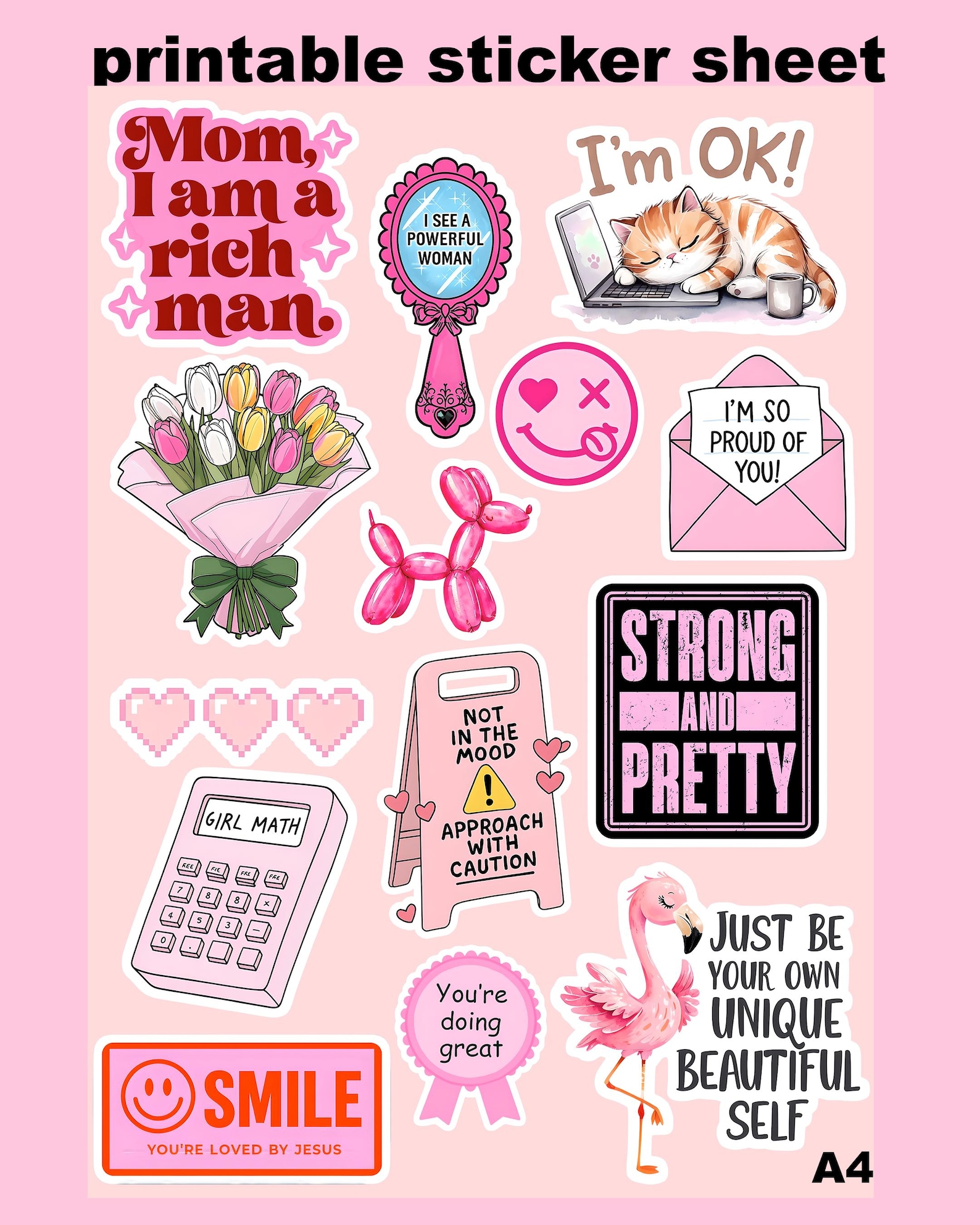 Pink Girl Math Stickers: Motivational Planner Decals (PNG Digital ...