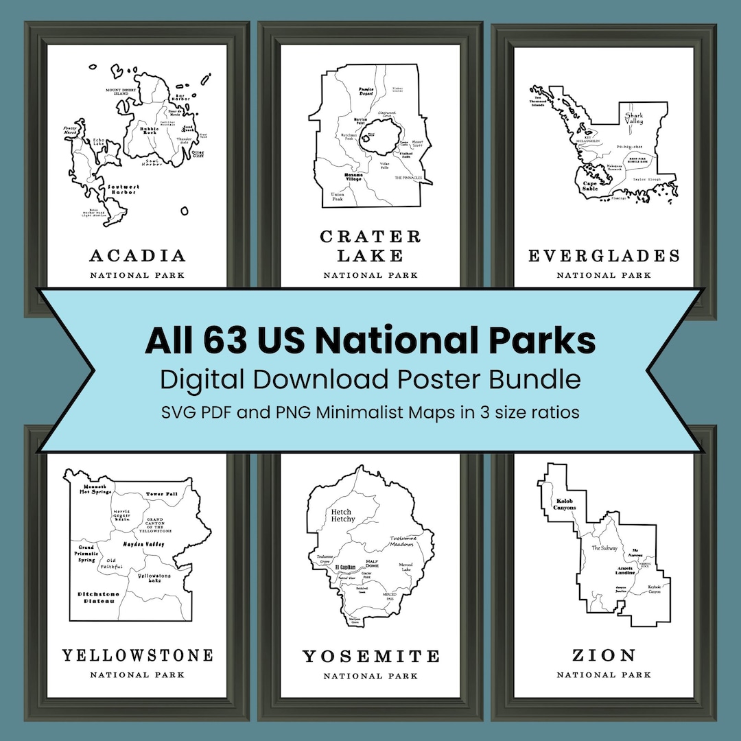 All 63 National Parks Minimalist Poster Bundle | Wall Art for Hikers ...