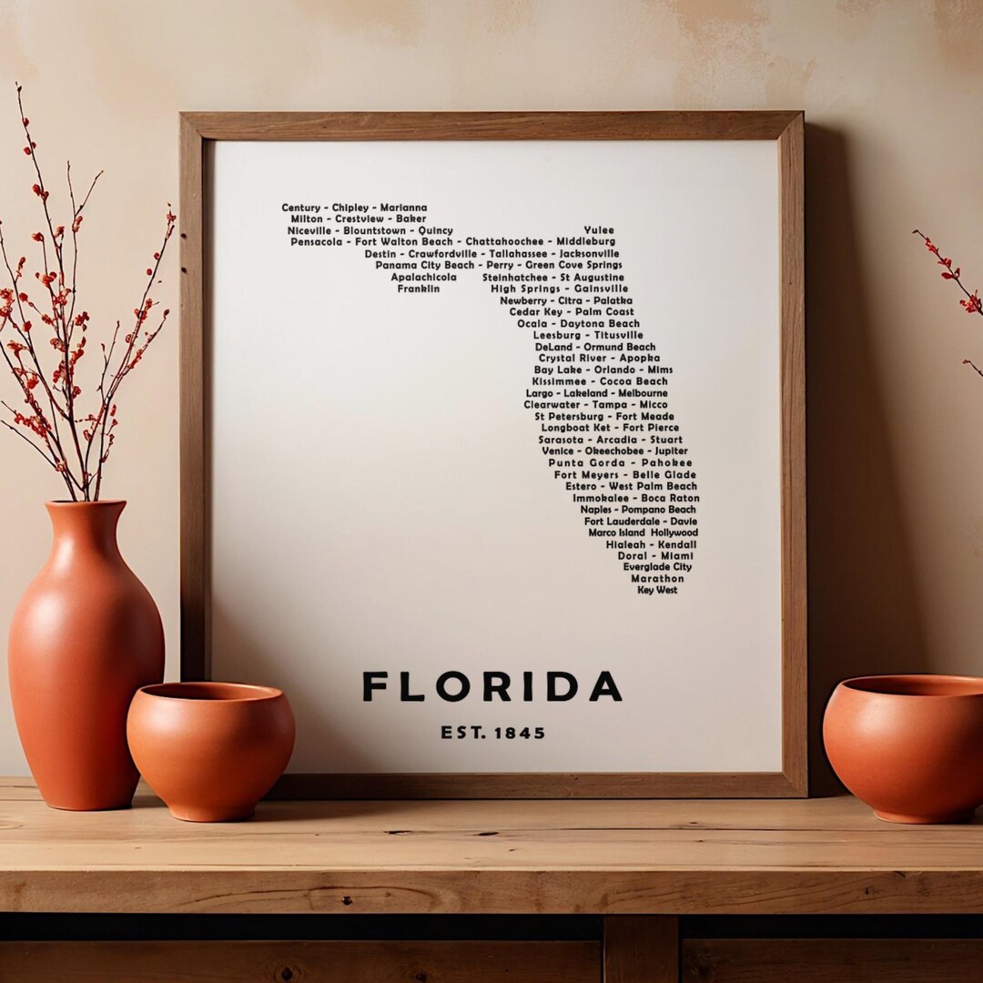 Florida City Names Typography Map | State Wall Art | Moving Away Gift ...