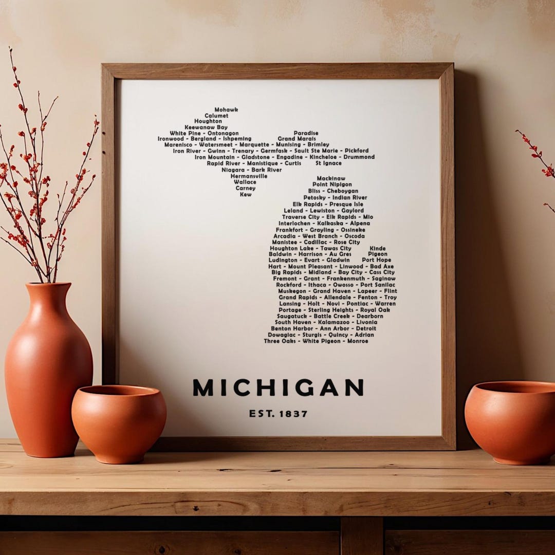 Michigan City Names Typography Map | State Wall Art | Moving Away Gift ...