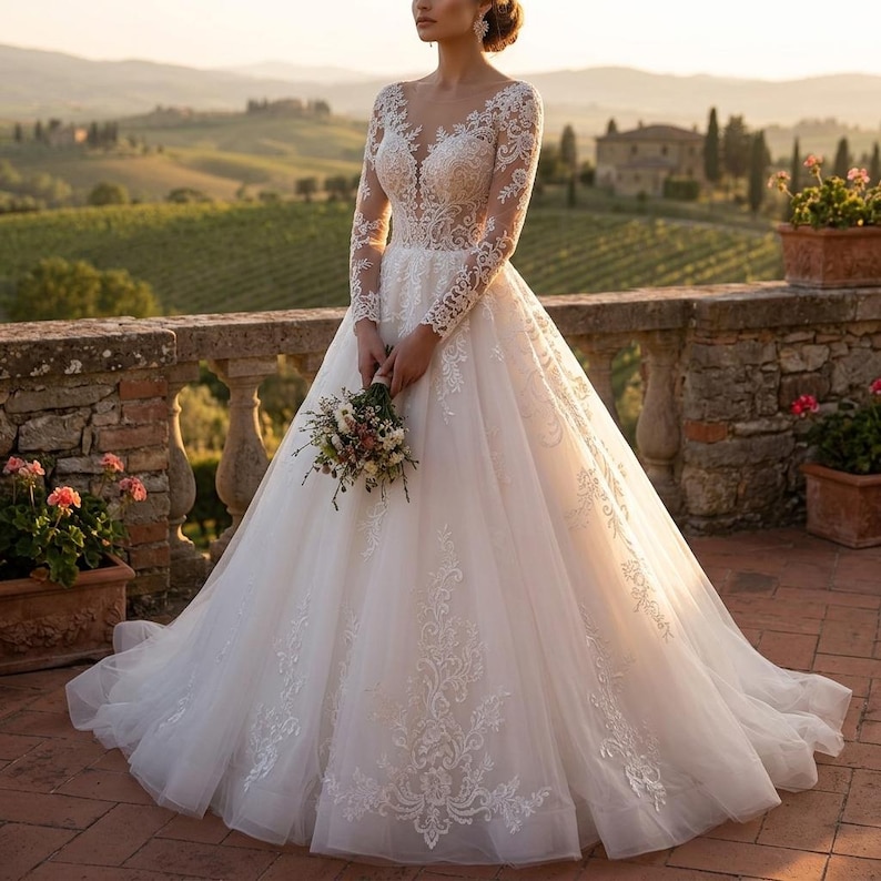 Long Sleeve Wedding Dress Plus Size Bridal Gown Round Neck Elegant ...