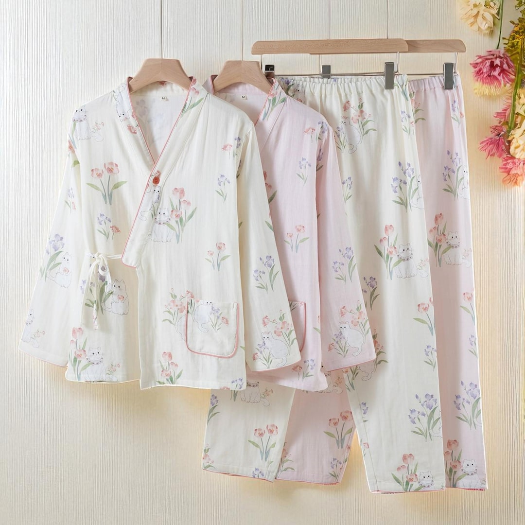 Maternity Cotton Gauze Pajama Set | Long Sleeve Nursing Sleepwear ...
