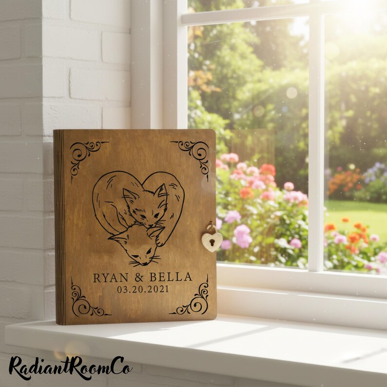 Personalized Memory Book Cat Couple, Customized Engraved Wooden ...