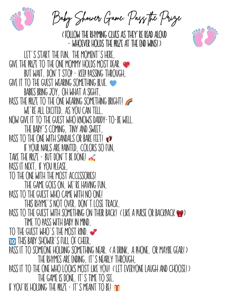 Pass the Prize Rhyme Game, Baby Shower Activity (PDF Download) - Etsy