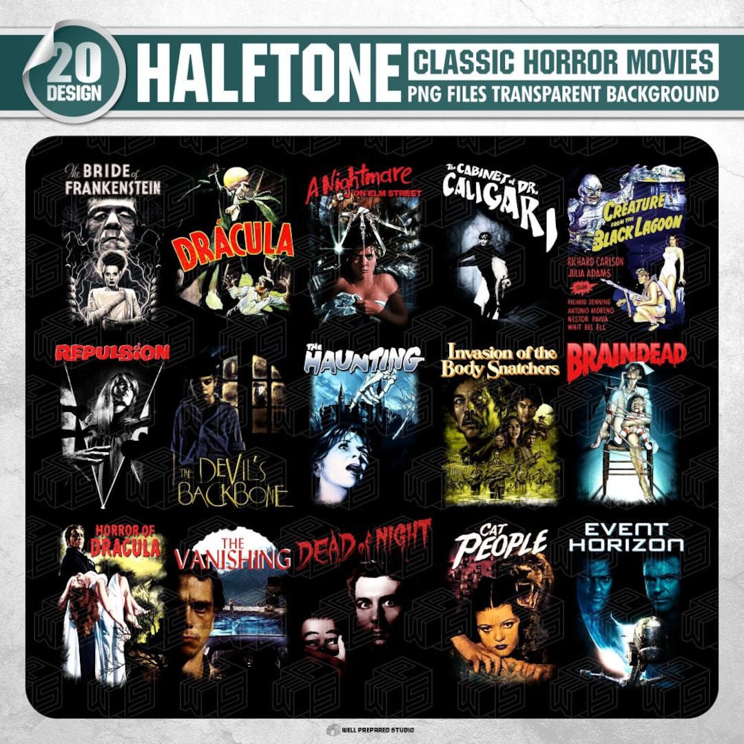 20 Classic Horror Movies Halftone PNG Bundle | Vintage Horror Graphic ...