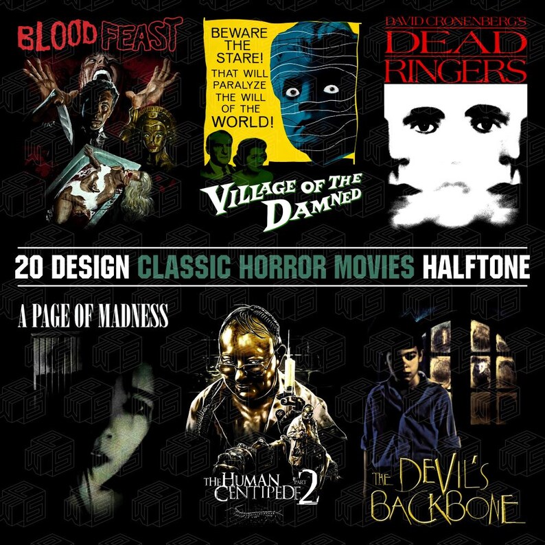 20 Classic Horror Movies Halftone PNG Bundle | Vintage Horror Graphic ...