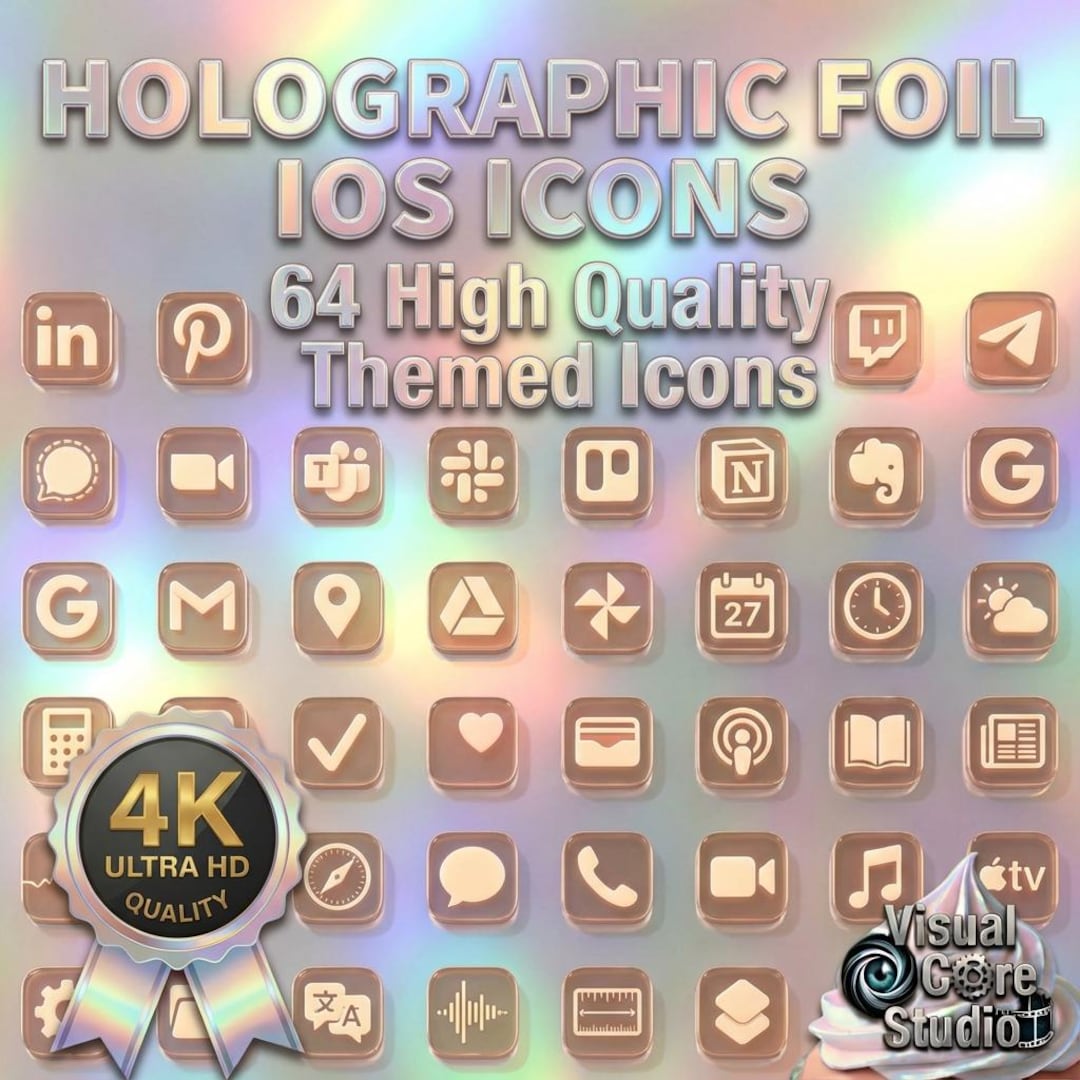 Ios Icon Pack | 64 4K PNG Files | Holographic Foil Gloss | Rainbow Home ...