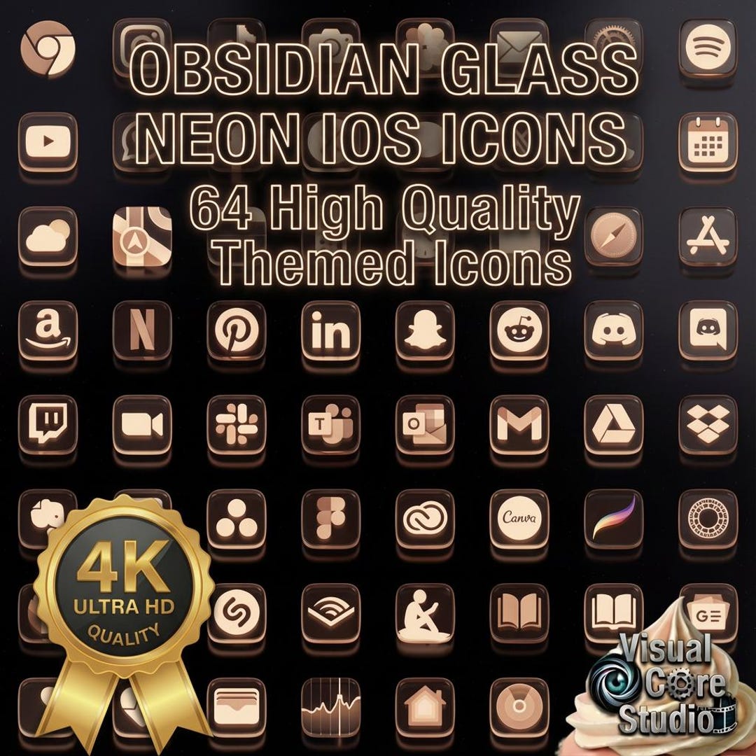 Ios Icon Pack | 64 4K PNG Files | Obsidian Glass Neon | Dark Home ...