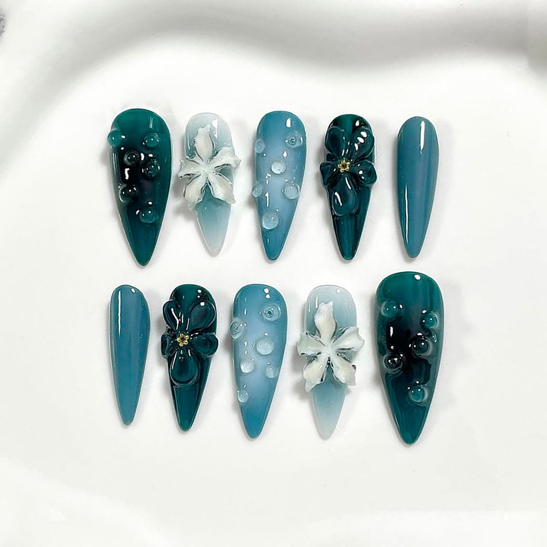 Teal Ocean Press on Nails – 3D Floral Sculpted Gradient Blue Waterdrop ...