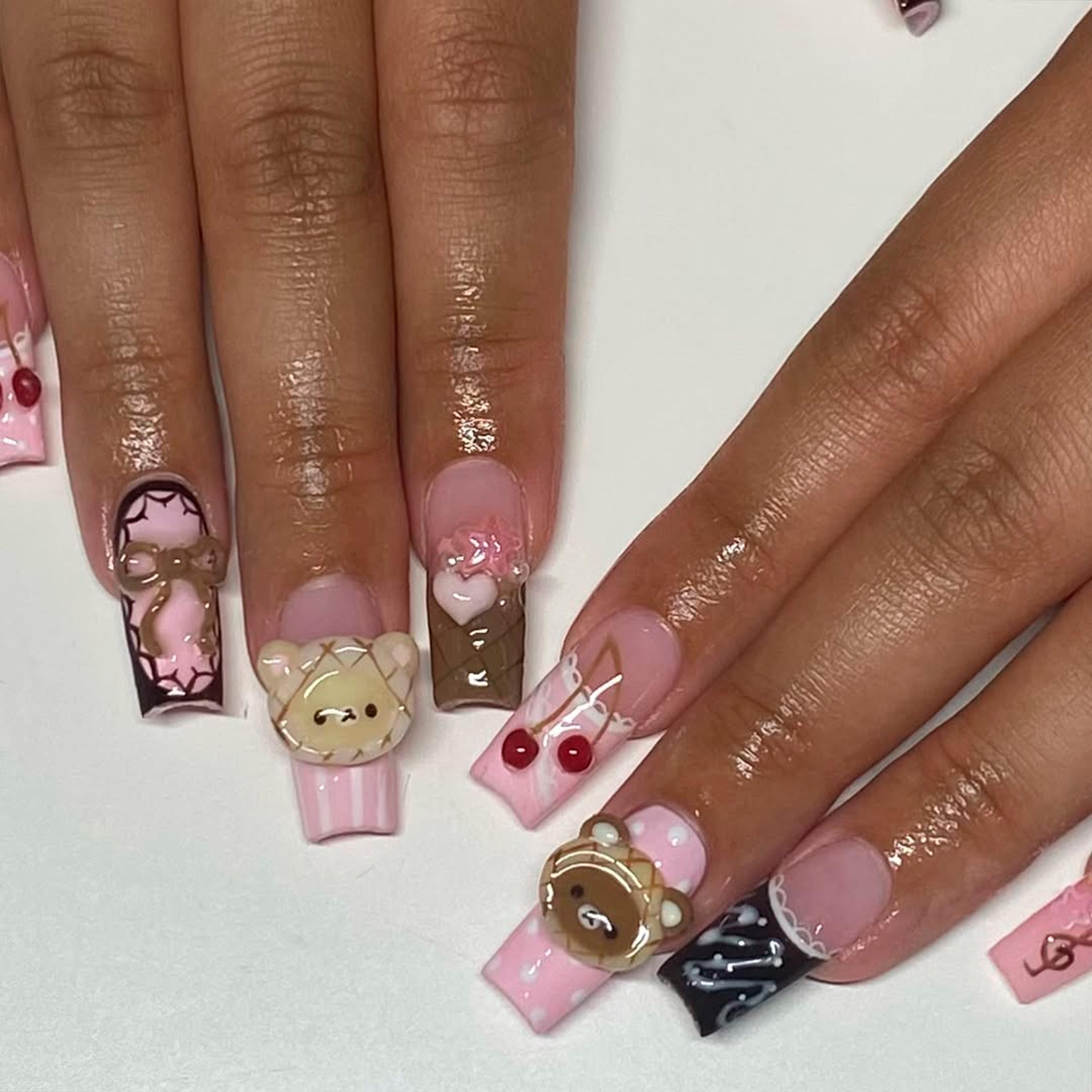 Handmade Sweet Teddy Café Nails, 3D Bear Dessert Press on Nails, Pink ...
