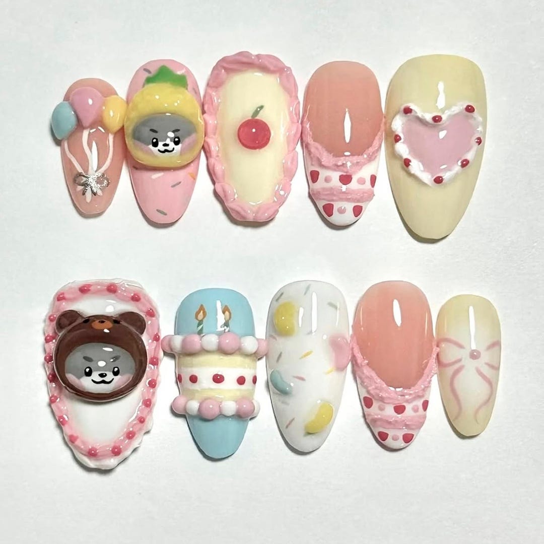 3D Kawaii Bear Press on Nails, Sweet Pastel Cake Nail Art - Etsy