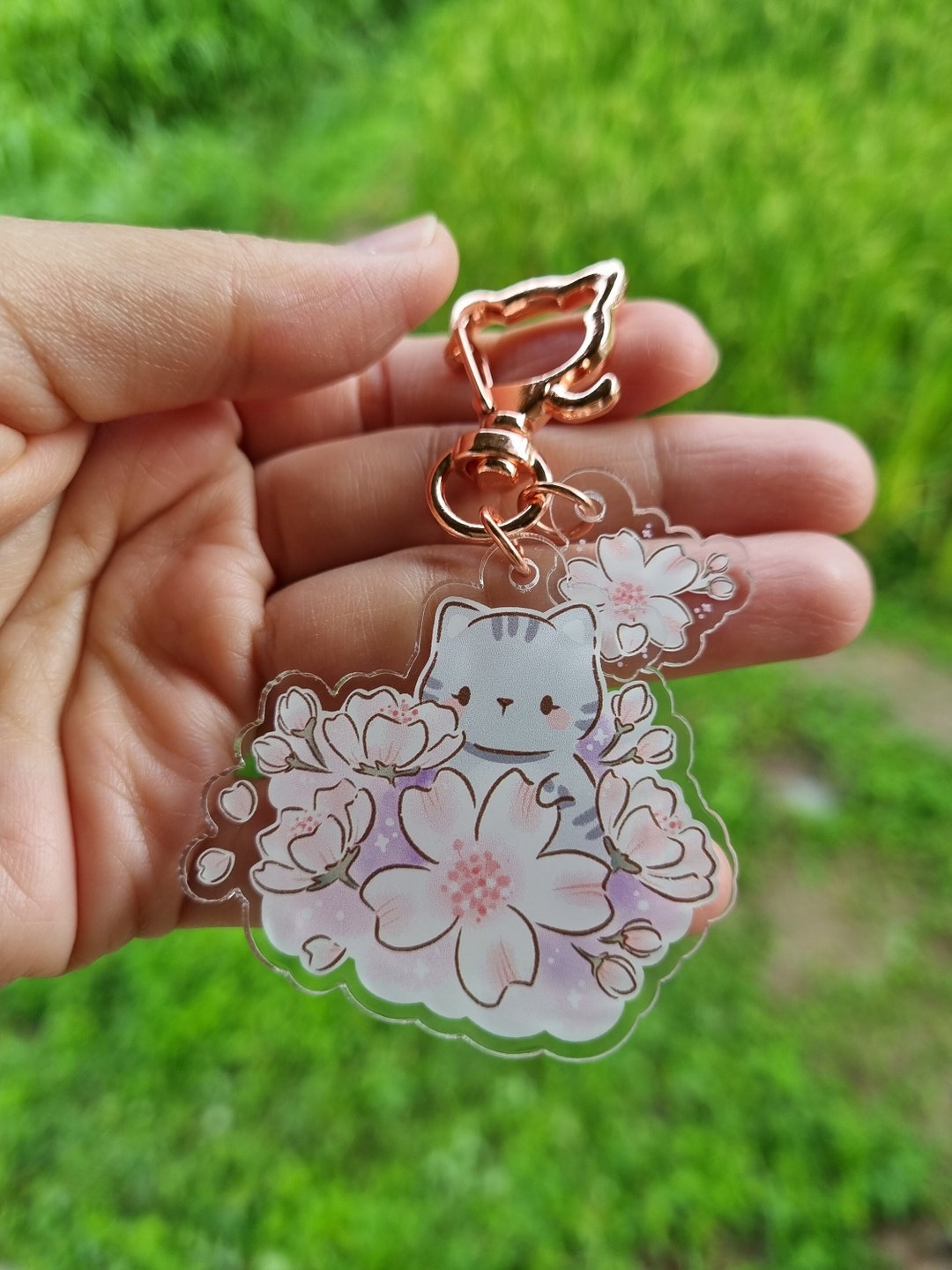 A Little Cat With Sakura Flower Acrylic Key Chain With Small Sakura ...