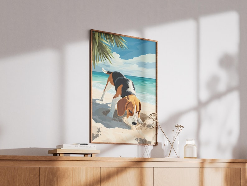 Playful Beagle Dog Digging on Hawaiian Beach Art Print Tropical ...