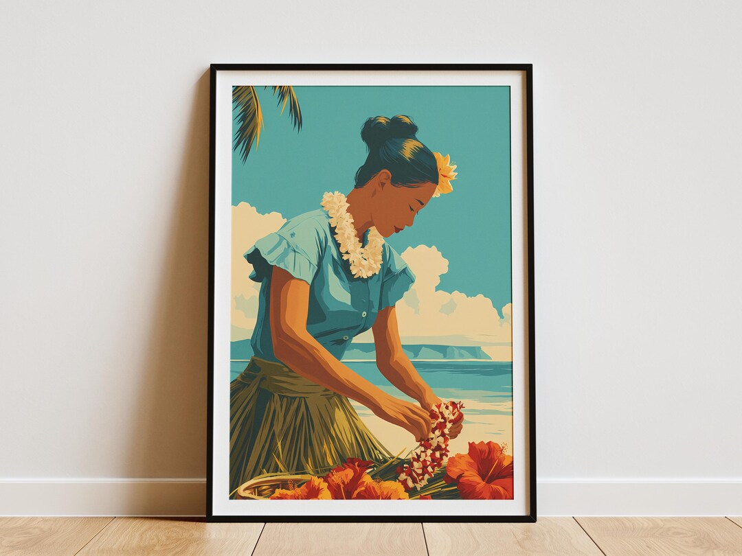 Hawaiian Lei Maker Art Print Tropical Beach Woman Flower Garland Poster ...