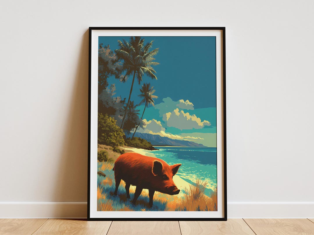Hawaiian Feral Pig Beach Art Print Tropical Island Ocean Palm Tree Wall ...
