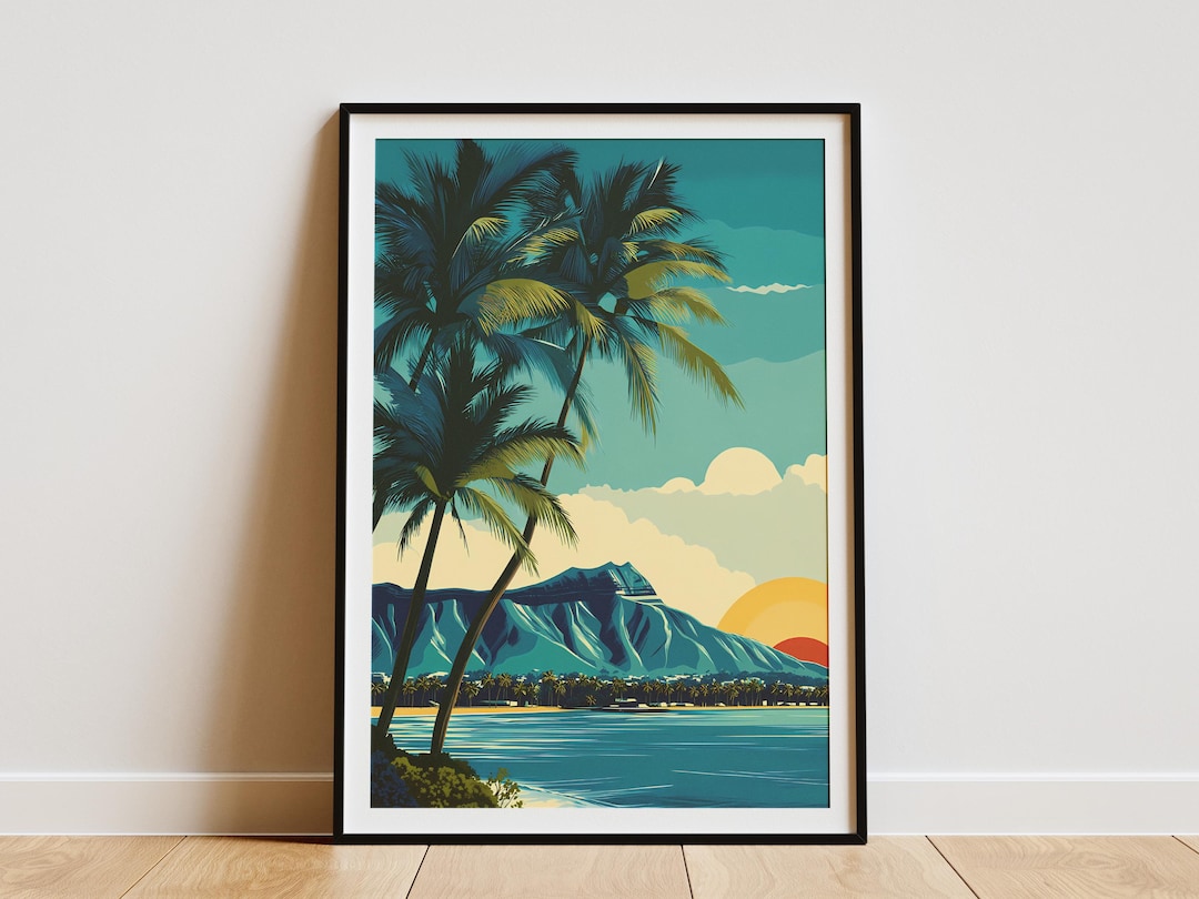 Diamond Head Hawaii Sunset Travel Poster Vintage Art Print Hawaiian ...