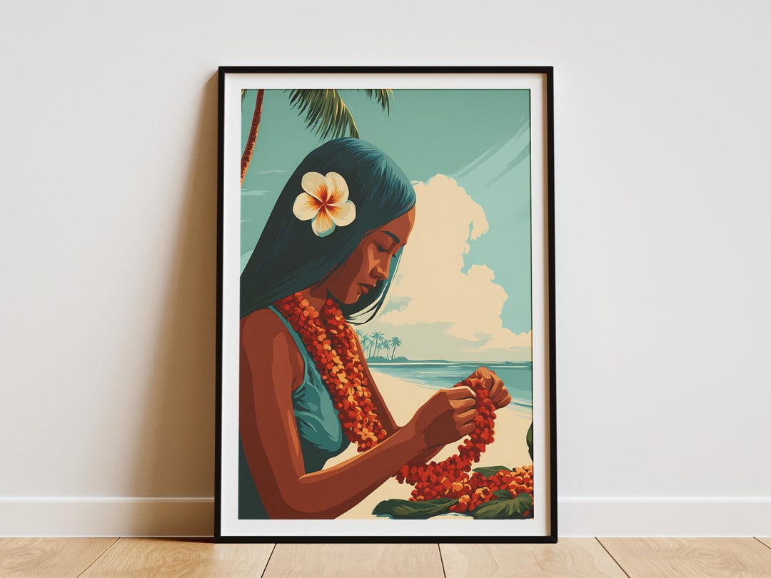 Hawaiian Lei Making Woman Poster Vintage Tropical Travel Art Print ...